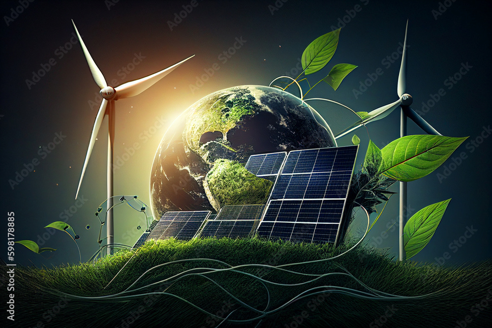 Solar panel and Wind Turbine concept. Solar energy from solar panels. Photovoltaic, alternative ...