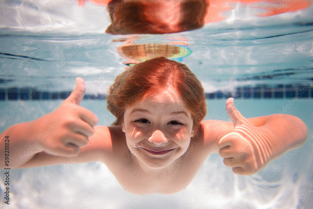 Funny kids face under water. Young boy swim and dive underwater. Summer ...