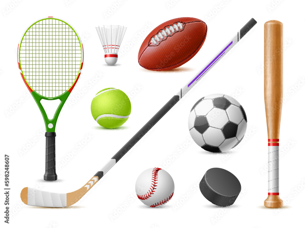 Realistic sport balls clubs. 3d isolated sport games accessories ...