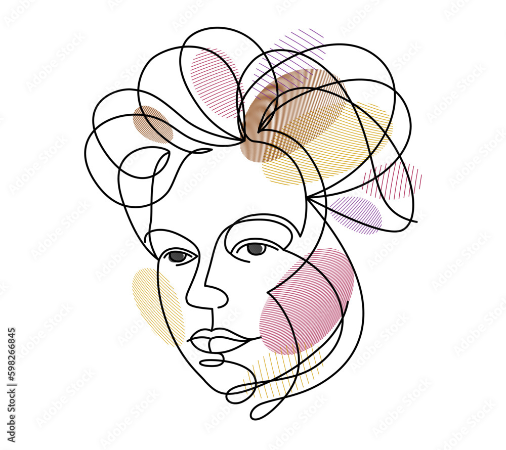 Beautiful face of attractive woman vector linear drawing, sensitive ...