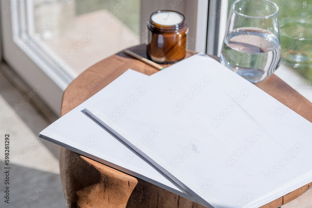 Magazine and book mockup design. Blank magazine on modern wooden table ...