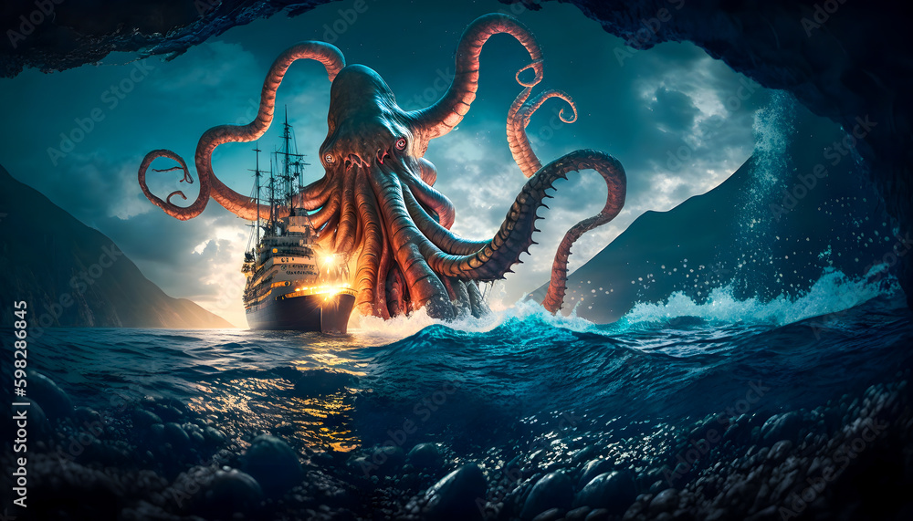 Giant monster Kraken attacks wood ship in sea. Cthulhu octopus with tentacles underwater and ...