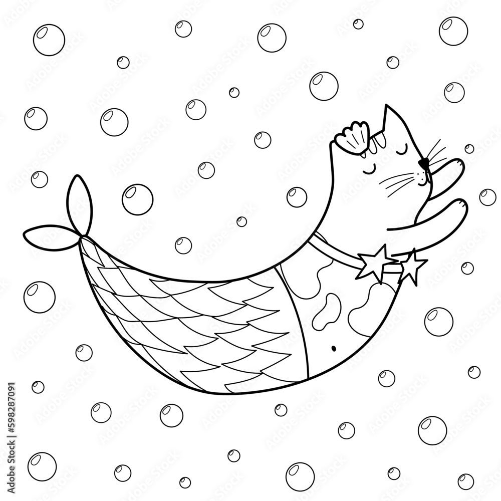 Cute mermaid cat with coloring page. Feline character underwater print ...