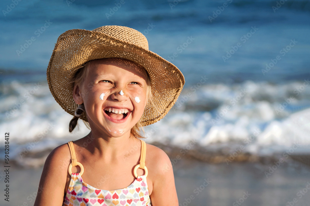 Sunscreen for Children. Tanned Girl Child with Cream on Face Smiling ...