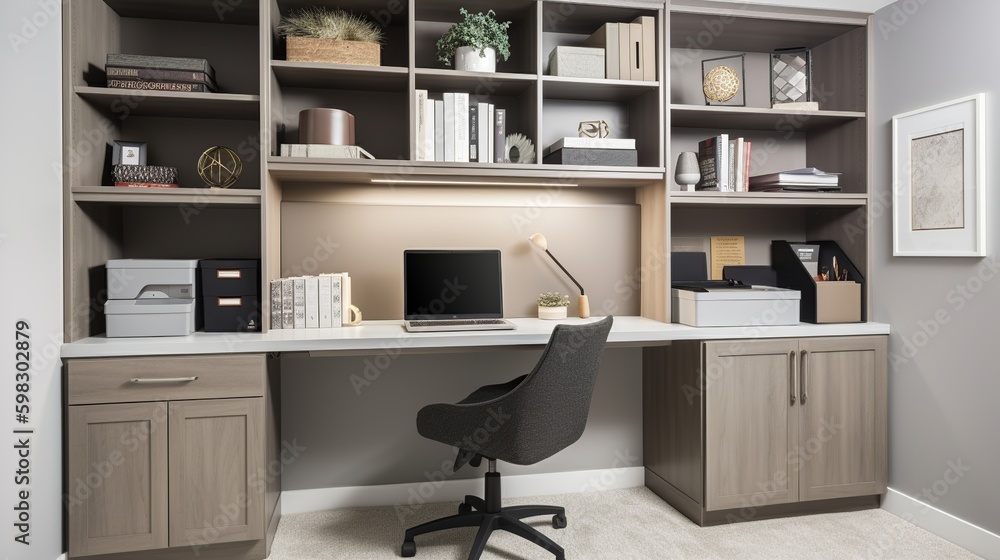 Well-appointed home office, built-in desk, ergonomic chair, storage ...