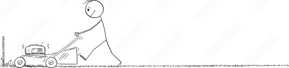 Gardener Moving or Cutting Grass With Lawn Mower, Vector Cartoon Stick ...