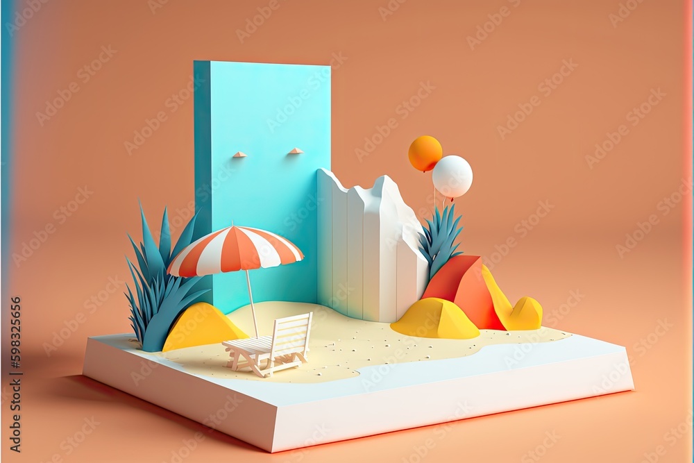 A paper craft of a beach scene with a Umbrella in the background ...
