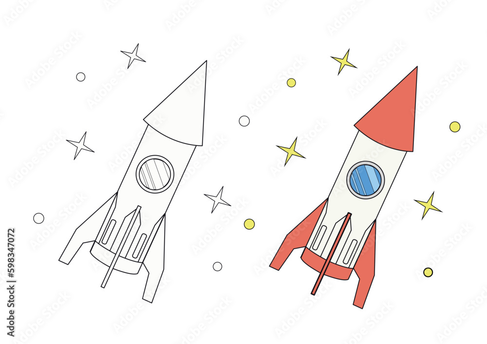 Coloring page for book. Cartoon outline drawing of rocket and stars ...