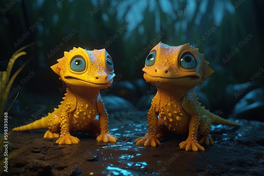 Ilustración de Stock a cute adorable two yellow baby dragon lizard at night by rain 3D ...