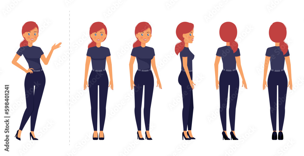 Cartoon female character views set. Woman template ready for animation ...