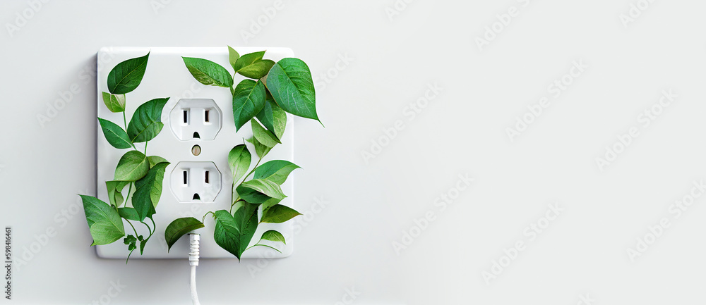 Green electricity, power outlet with leaves, sustainable renewable ...