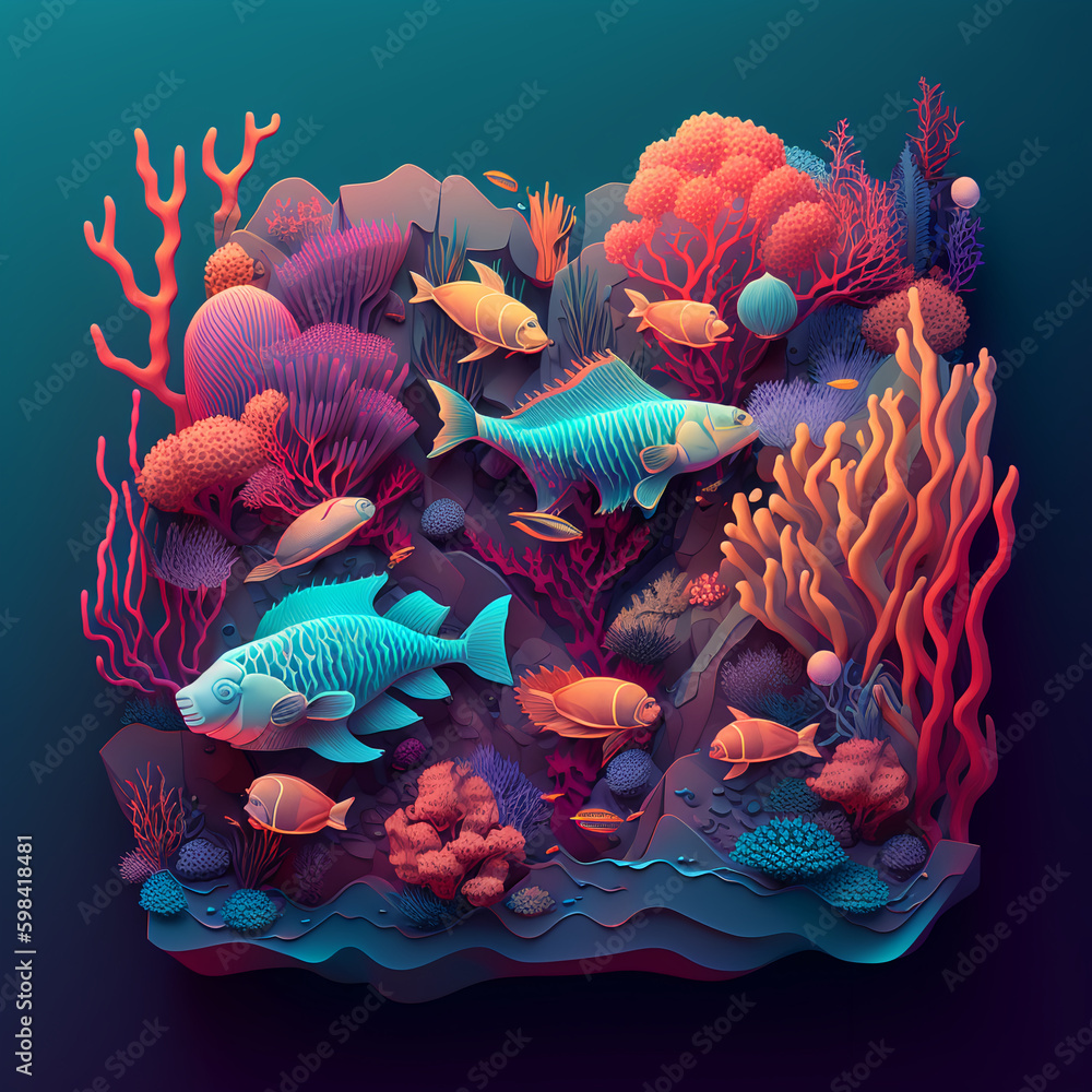 isometric digital illustration An underwater world with colorful coral ...