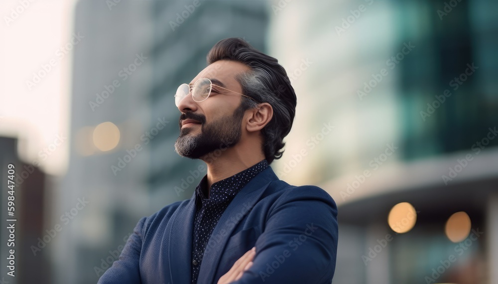 Happy wealthy rich successful business man standing in big city modern ...