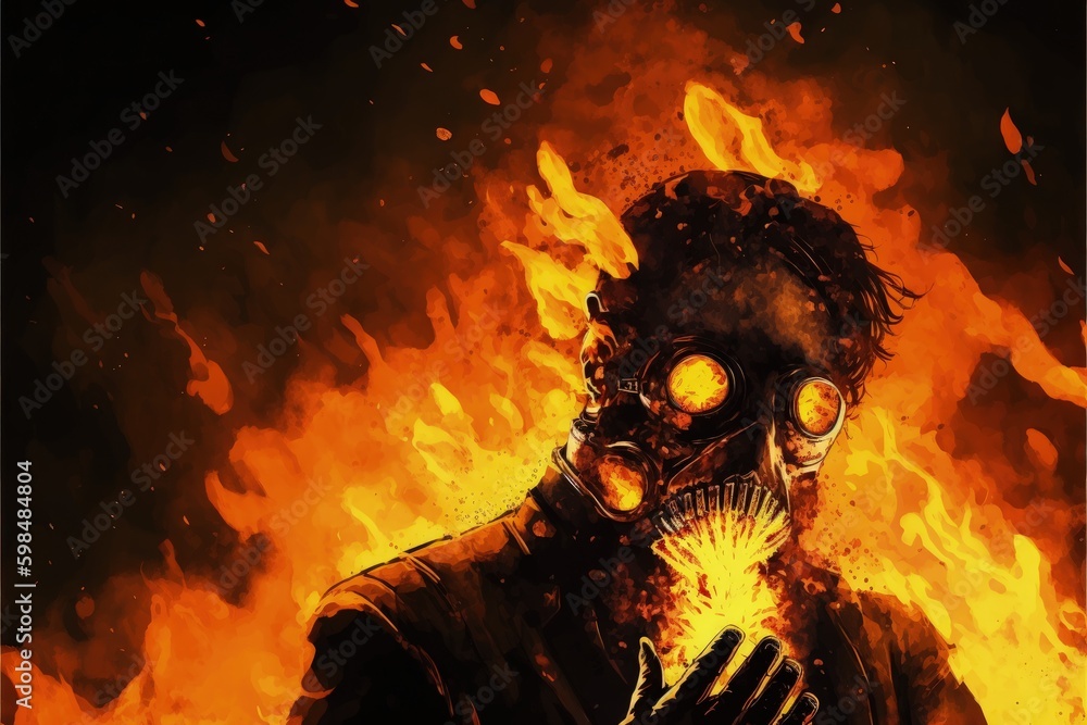 person wearing gas mask exhaling flames. Fantasy concept , Illustration ...