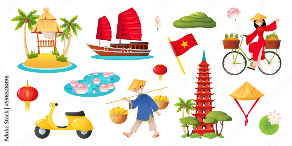 Set of symbols of Vietnam. Cartoon illustrations of people, rice ...