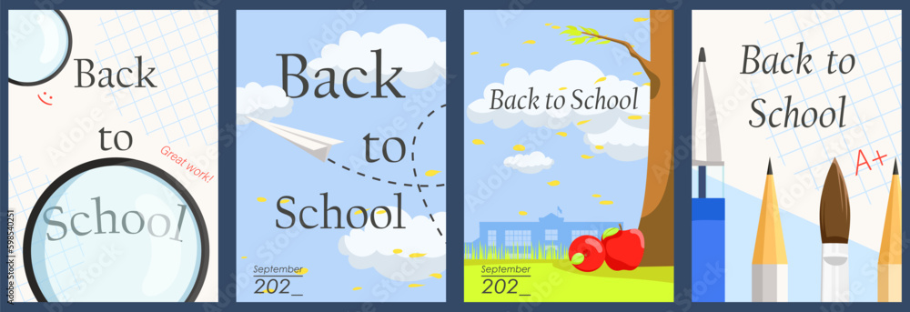 Back to school promo flyer collection with school supplies. School ...