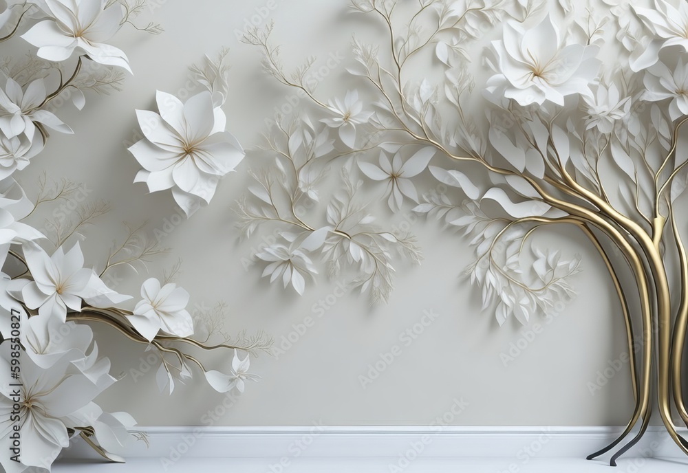 Background of a flowery tree in 3D with white flowers and golden stems ...