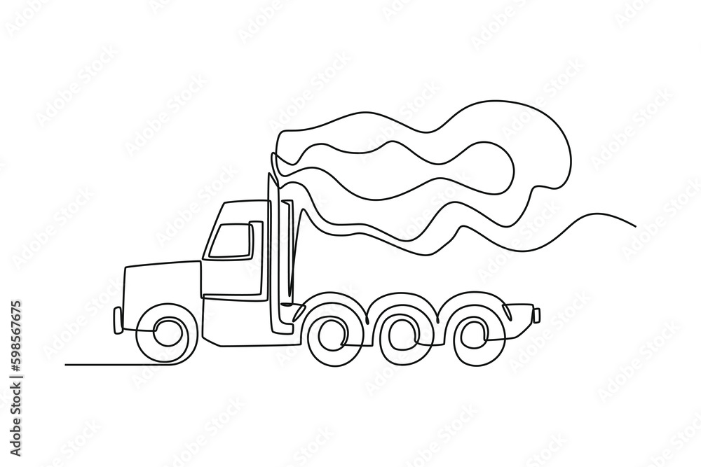Continuous one line drawing truck pollution. World environment day ...