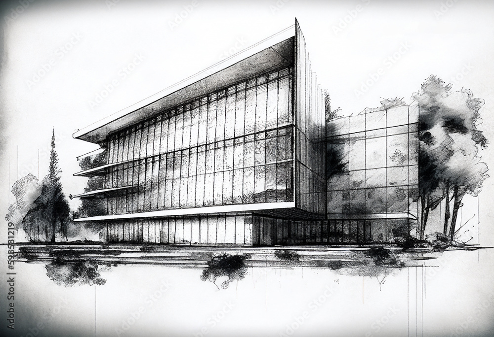 Ilustração Architectural ink drawing design which is a blue print ...