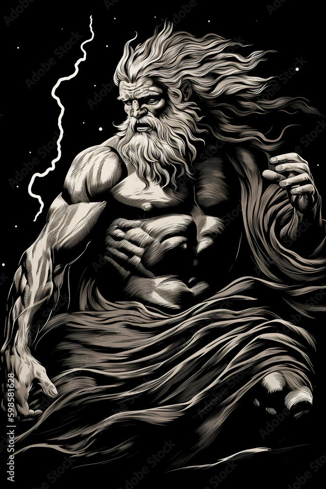 Ilustração Engraved portrait of Zeus king of the gods on Mount Olympus ...