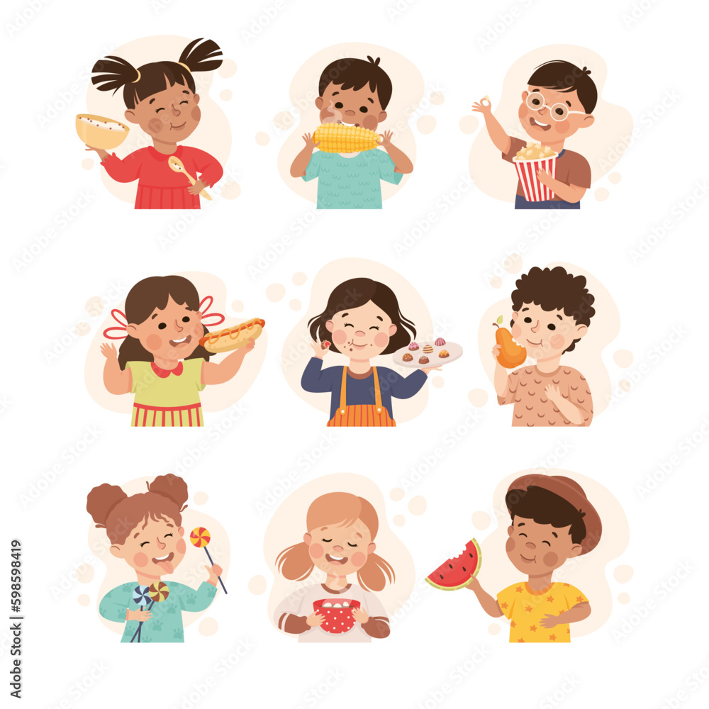 Set of cute eating little boys and girls. Happy kids eating healthy and ...