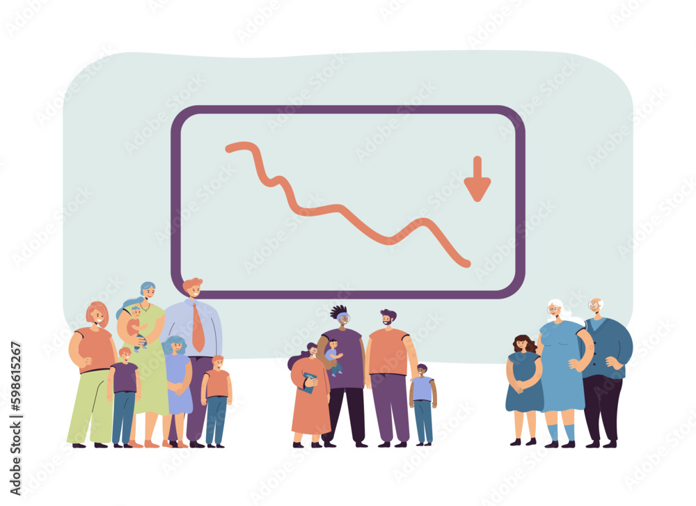 Demographic decline chart vector illustration. Extended families with ...