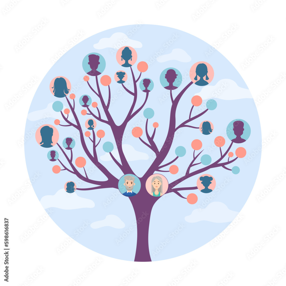 Big family tree with many relatives vector illustration. Cartoon ...