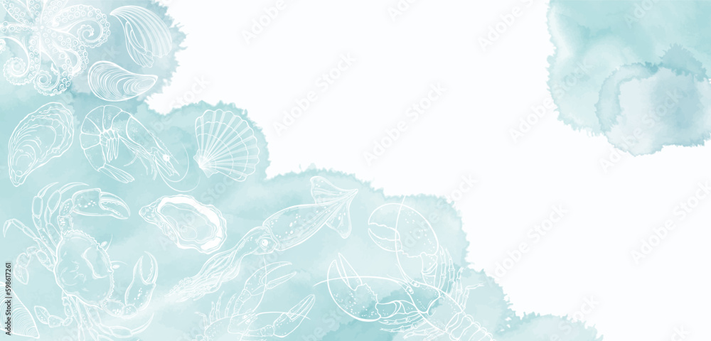 Art sea food vector background. Luxury design with sea food, wave and ...