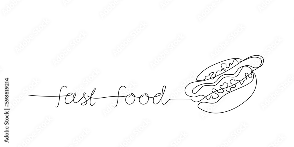 One continuous line drawing of American hot dog with sausage and ...