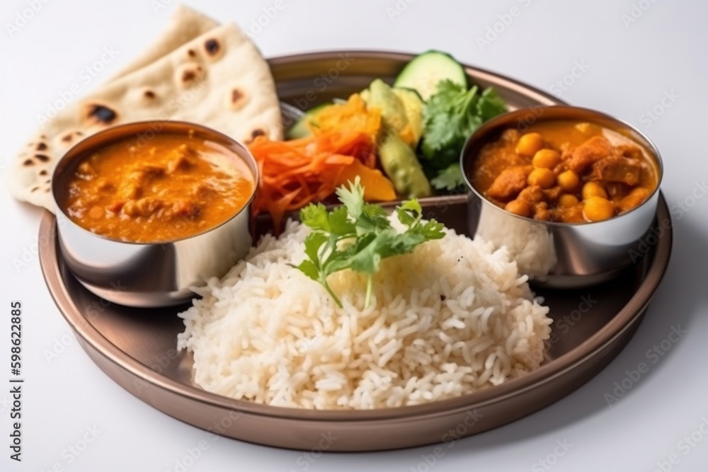 Indian home thali with paneer masala roti channa masala, rice salad ...