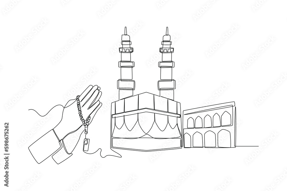 Continuous one line drawing hand praying gesture in front of kaaba ...