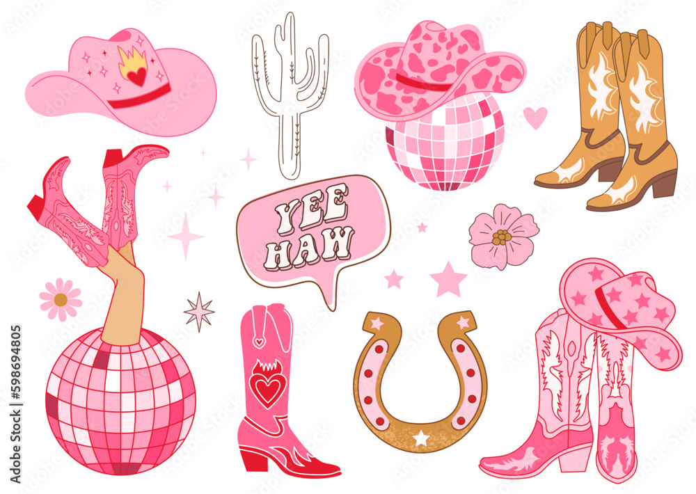 Collection of retro Cowboy fashion elements. Cowgirl boots, disco ball, hat, horseshoe, cactus ...