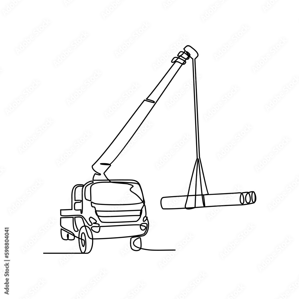 One continuous line drawing of mobile crane in the site project ...