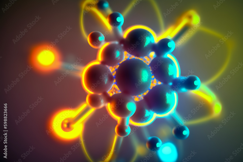 Enlarged model of an atom with a nucleus of protons, neutrons and ...