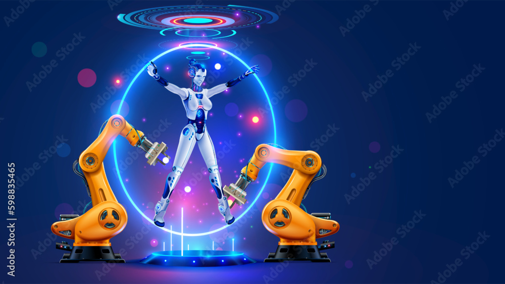 Robot cyborg with AI assembling on factory. Automation manufacturing ...