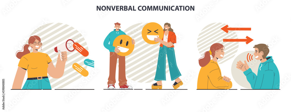 Non-verbal communication set. Body language through interpersonal Stock ...