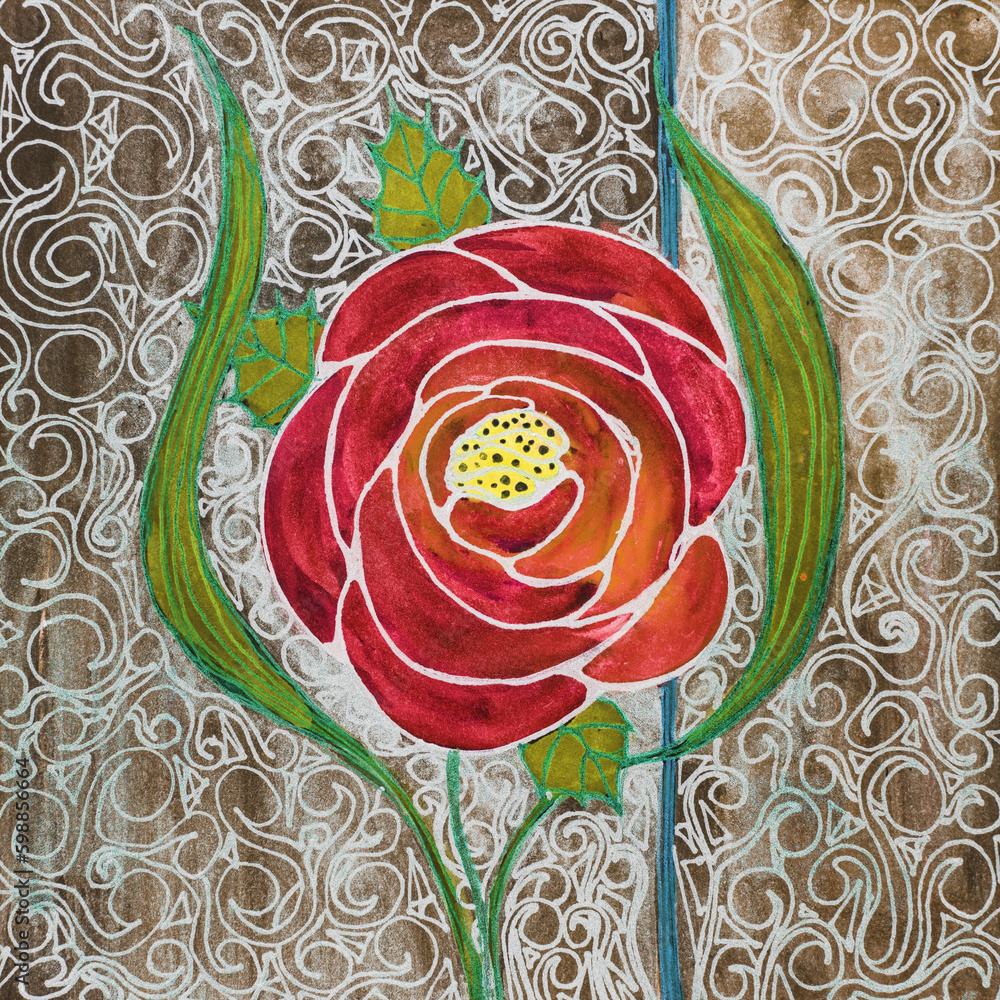 Ornamental red rose with bronze background. The dabbing technique near ...