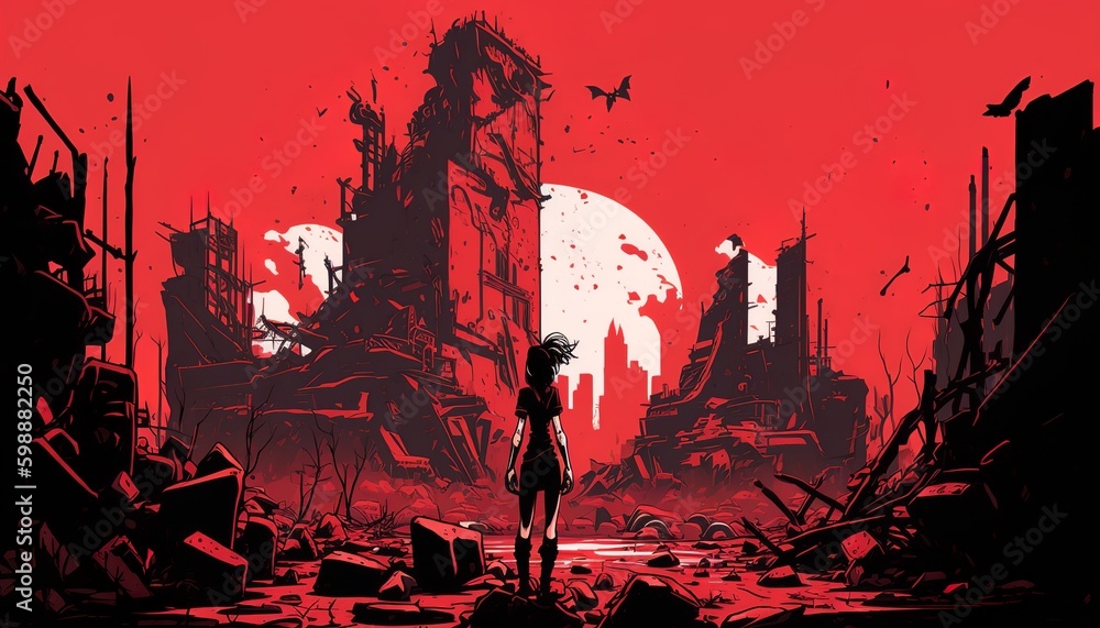 Anime style red gradient ancient city ruins in a post apocalyptic ...