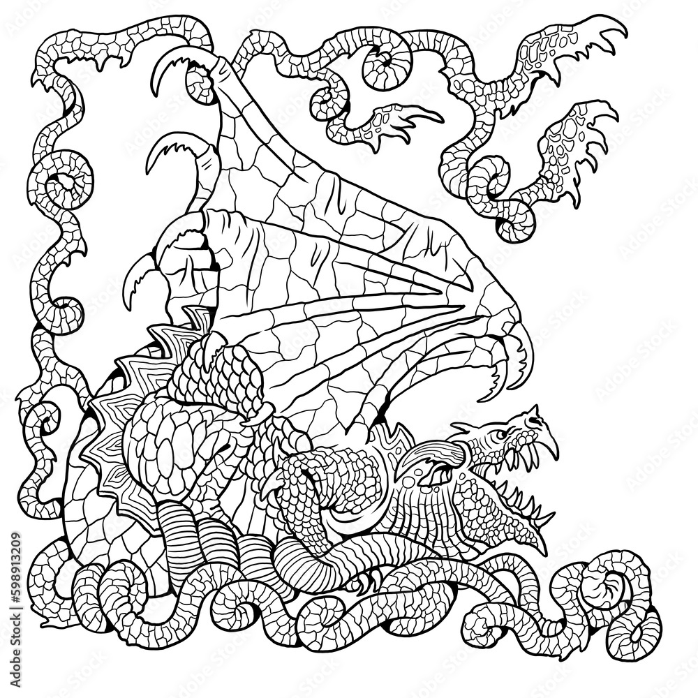Dragon coloring page. Fantasy illustration with mythical creature ...