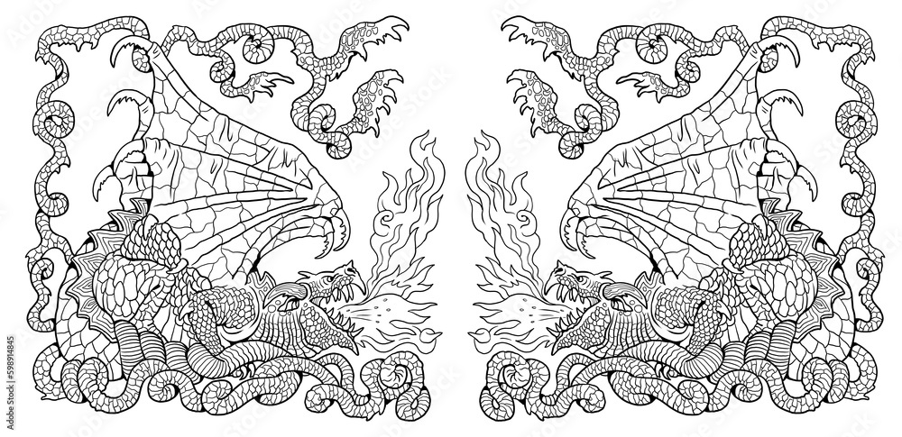 Dragon coloring page. Fantasy illustration with mythical creature ...