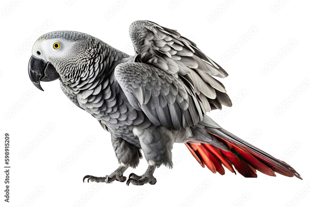 Congo African Grey Parrot flying isolated on white, transparent ...