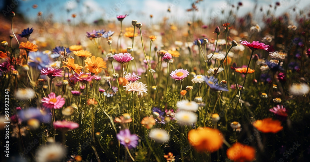 Colorful flower meadow with sunbeams and bokeh lights in summer - nature background banner with ...