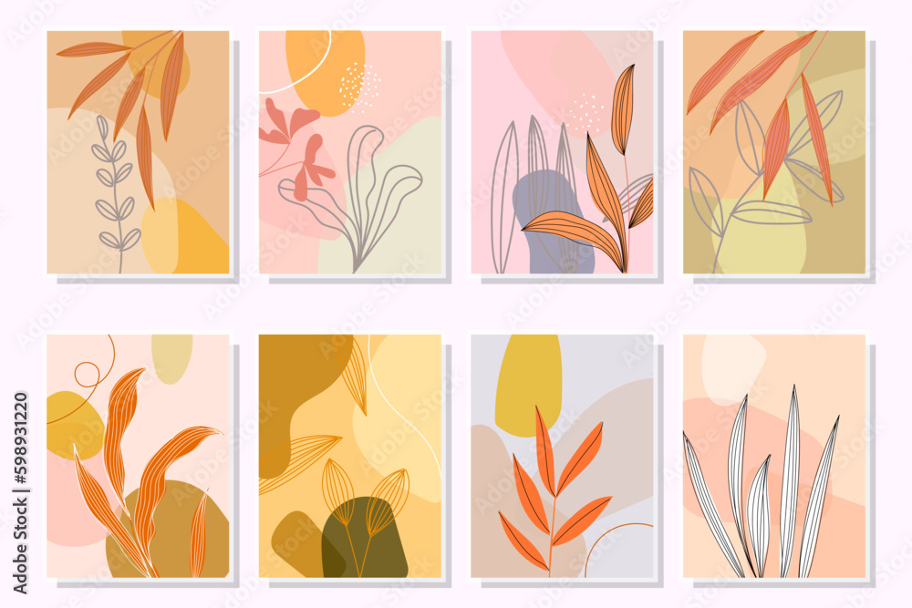 Set of trendy poster in pastel color with flowers, leaves, shapes ...