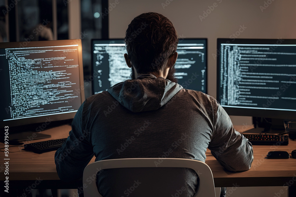 Back view of programmer, coding scripts late at night, creating new ... Back view of programmer, coding scripts late at night, creating new ...