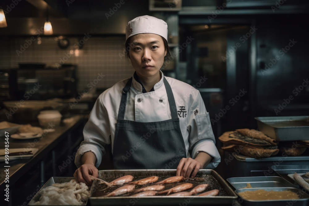 Generative AI image of Chinese male in chef clothes while standing with ...