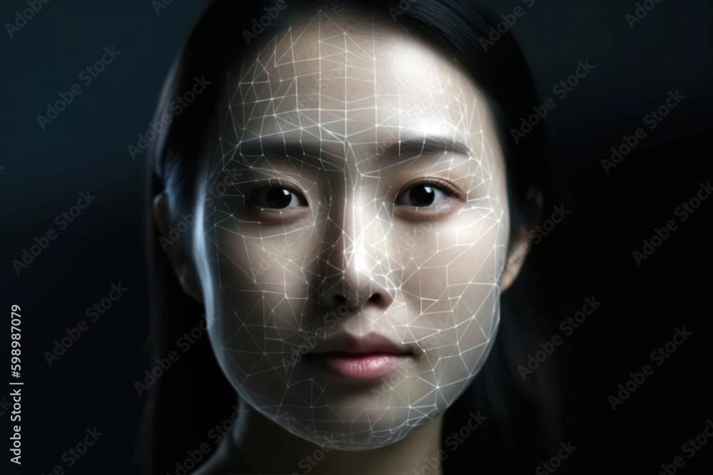 Generative AI illustration visualisation of young female face with ...