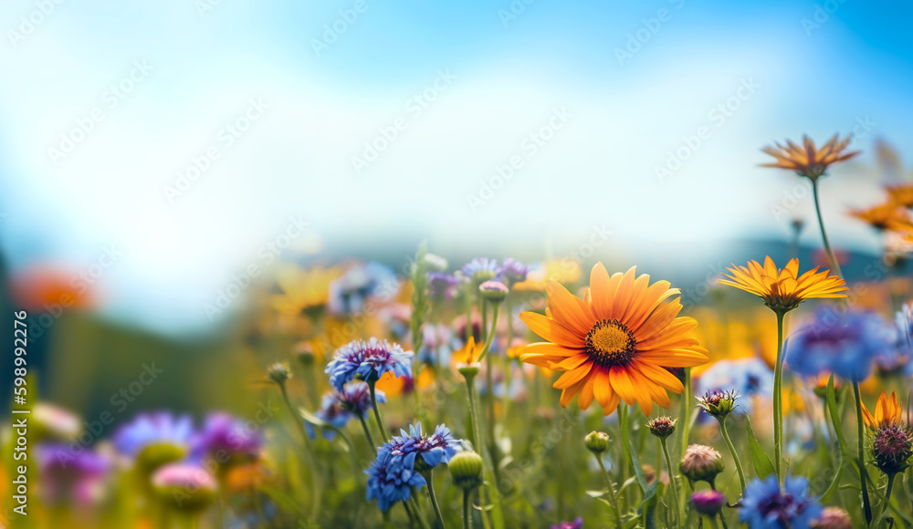 Colorful flower meadow with sunbeams and blue sky and bokeh lights in ...
