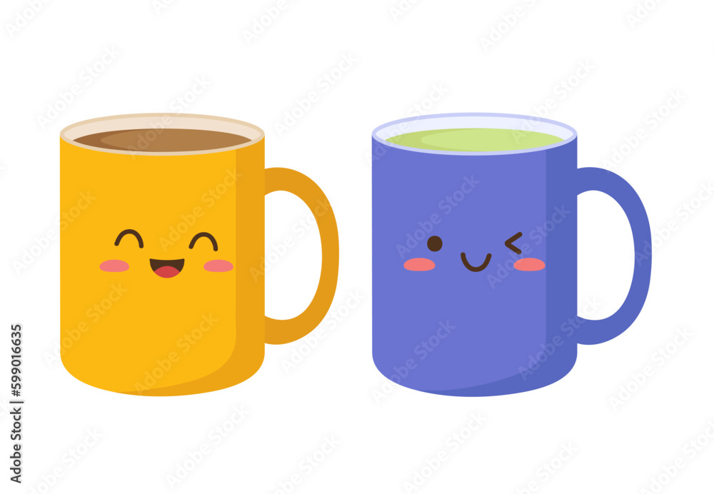 Cartoon cute coffee mugs in kawaii style isolated on white background ...