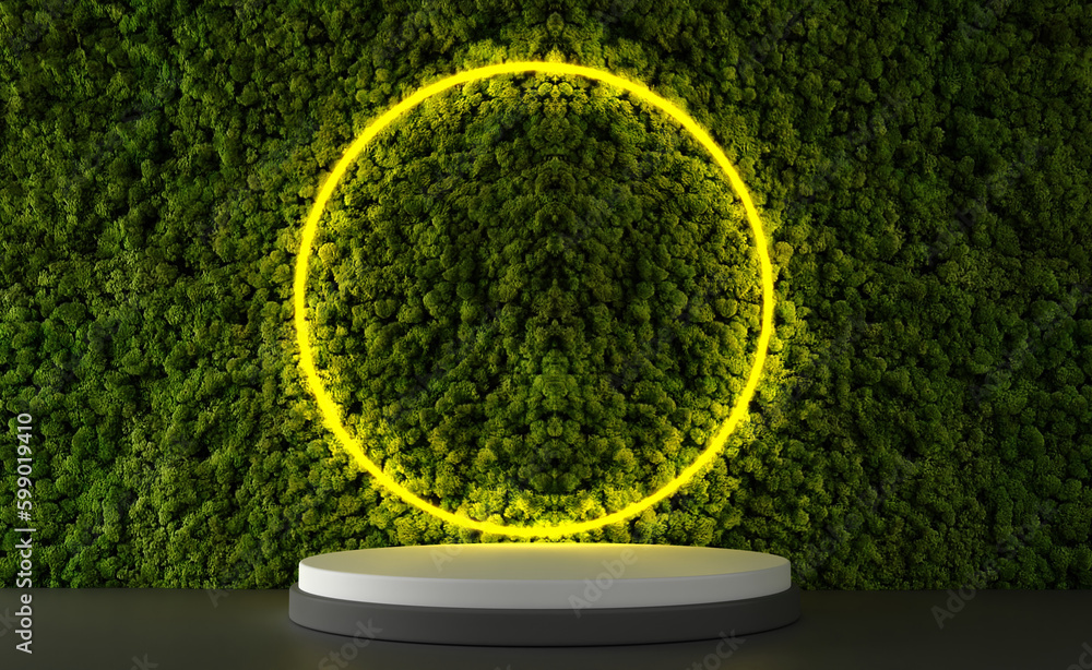 Moss leaves plant wall and neon light template. 3d rendering of green ...