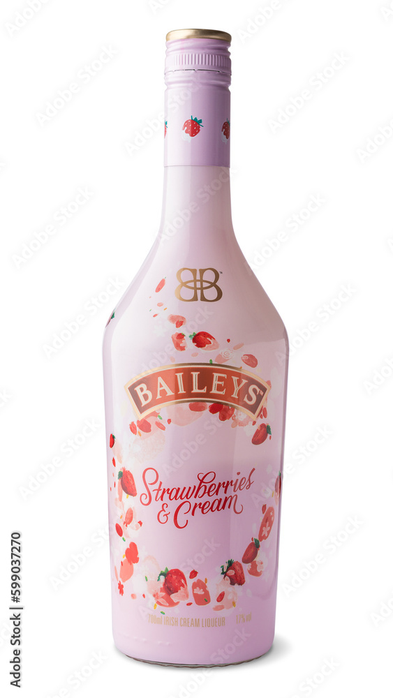 Glass bottle of Baileys with strawberry and cream flavor. Liquor on a ...